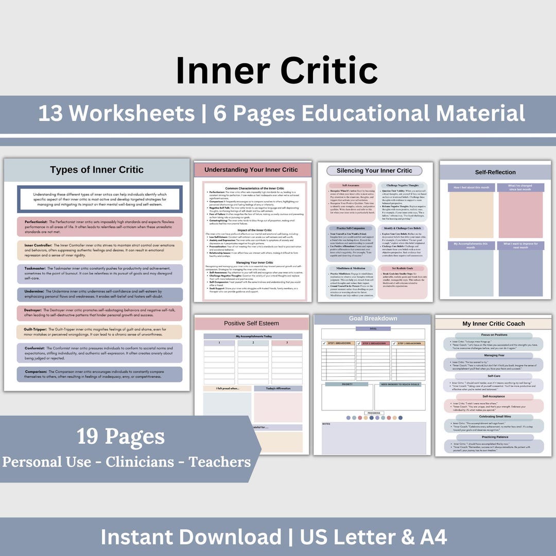 Inner Critic Therapy Worksheets: CBT Self-esteem Workbook (digital ...