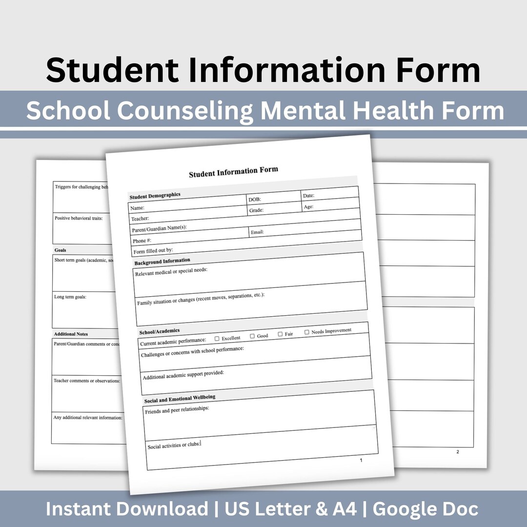 Editable Student Intake Form: Counselor Sheet, Student Information ...