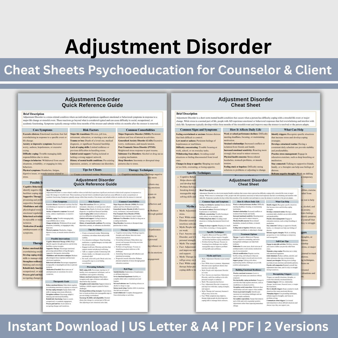 Adjustment Disorder Cheat Sheet, 2 IN 1 Psychoeducation for Client and ...