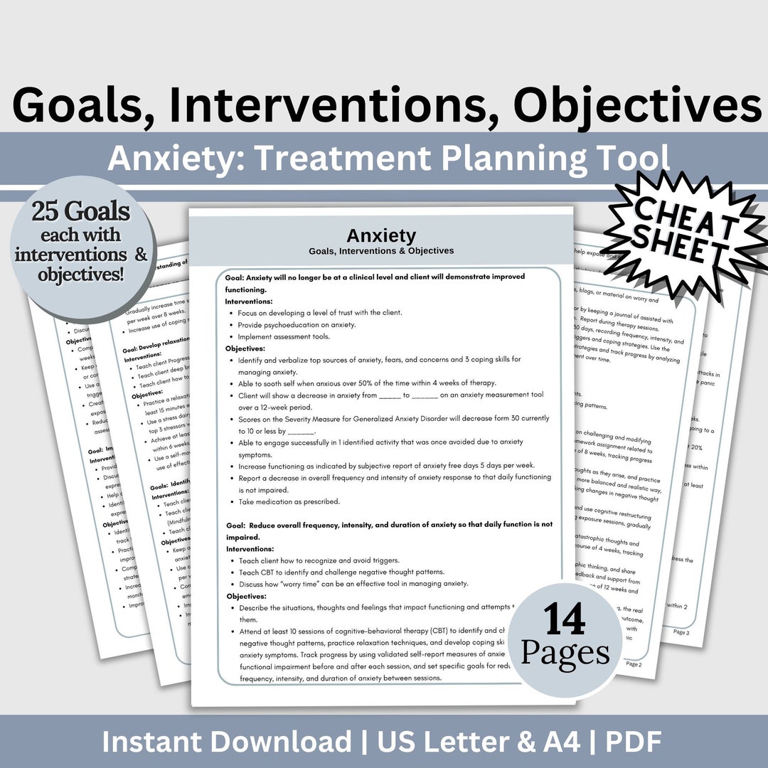 Anxiety Treatment Plan Cheat Sheet: Therapy Goals, Interventions ...