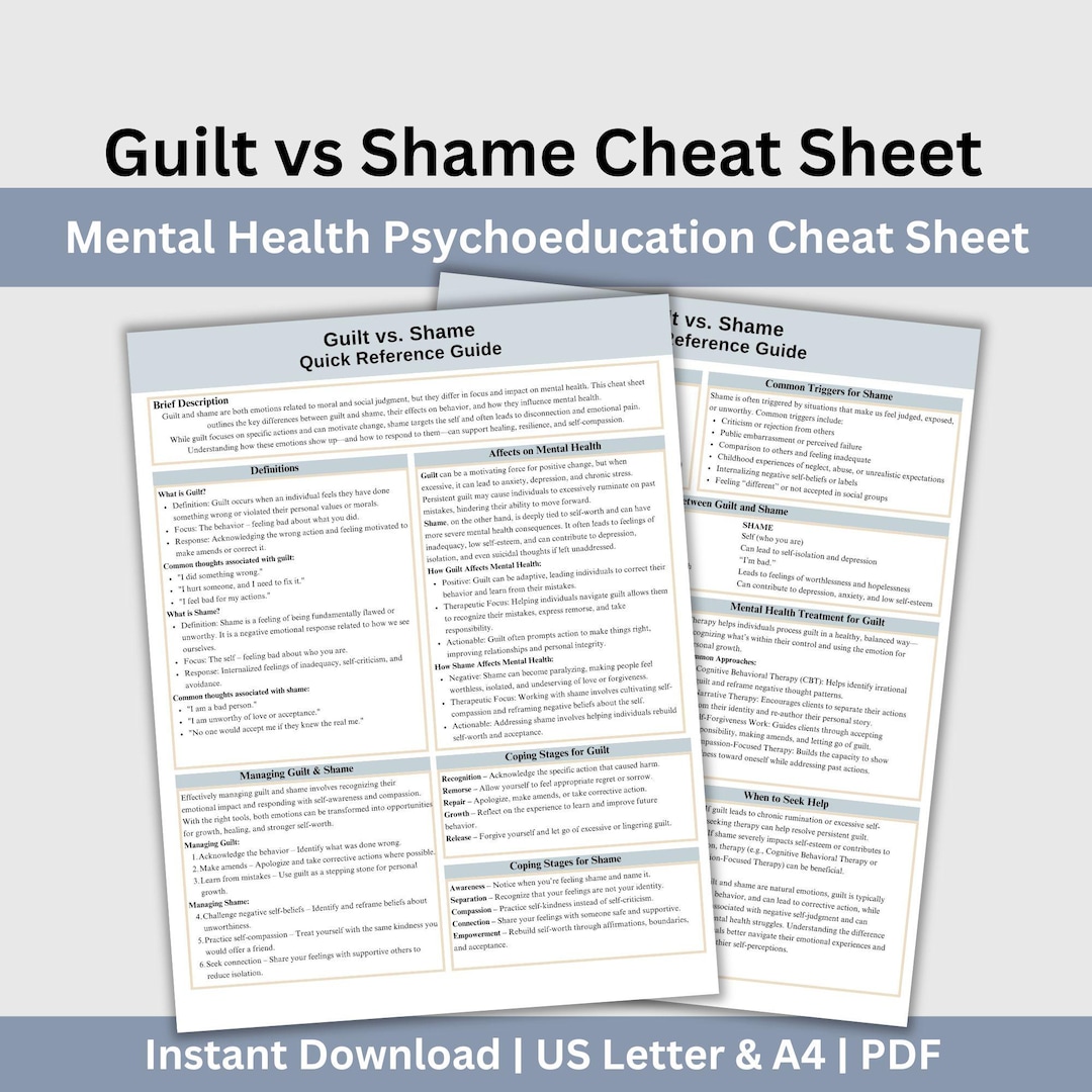 Guilt Vs Shame Therapy Cheat Sheet: Mental Health Resource (digital ...