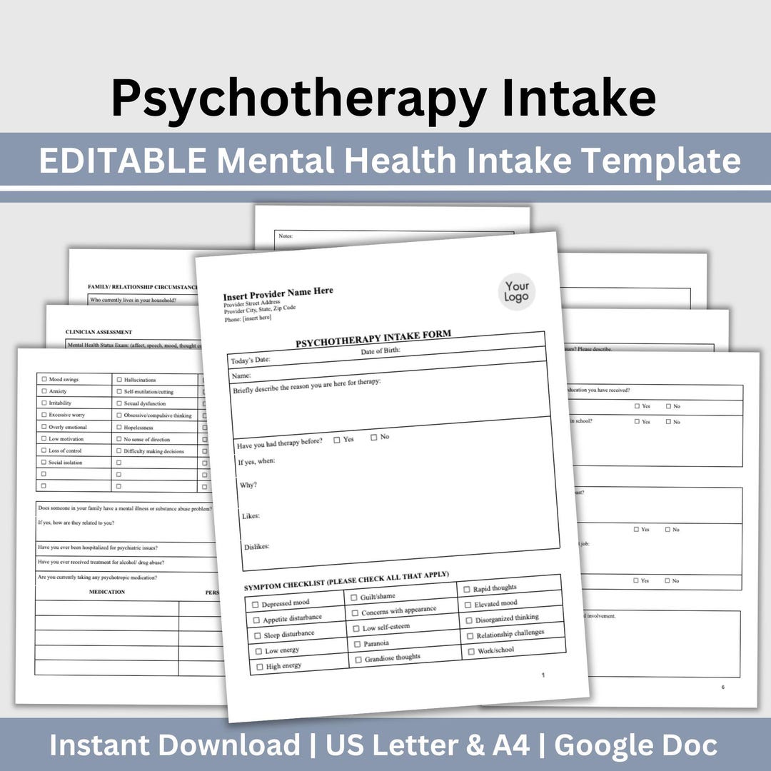 Psychotherapy Intake Form for Mental Health Professionals Editable ...