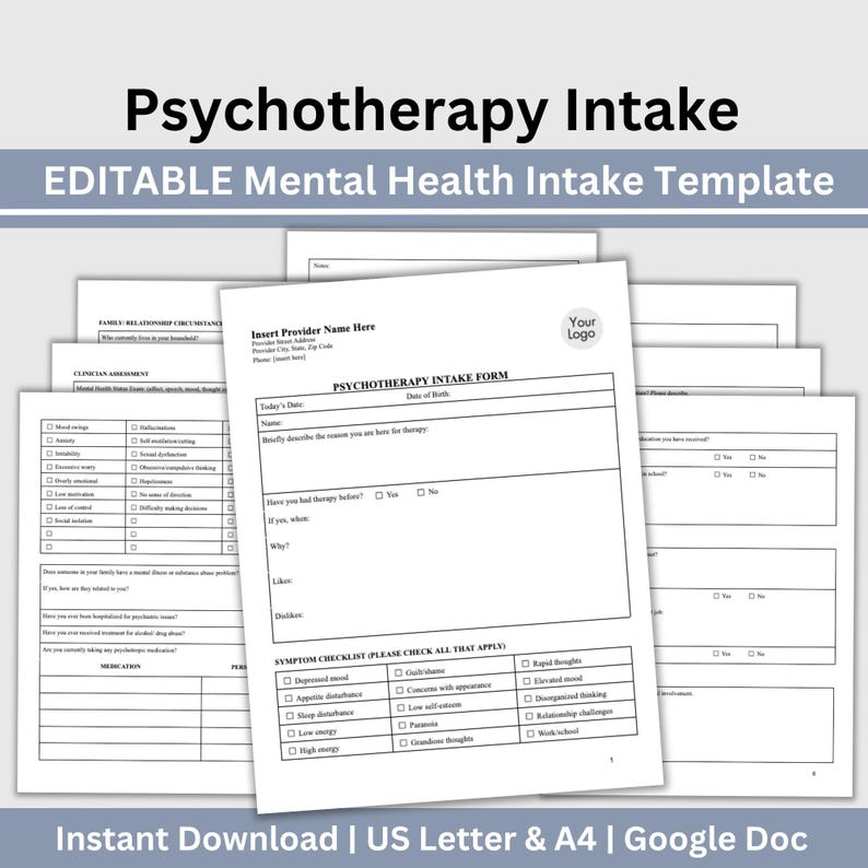 Psychotherapy Intake Form for Mental Health Professionals Editable ...