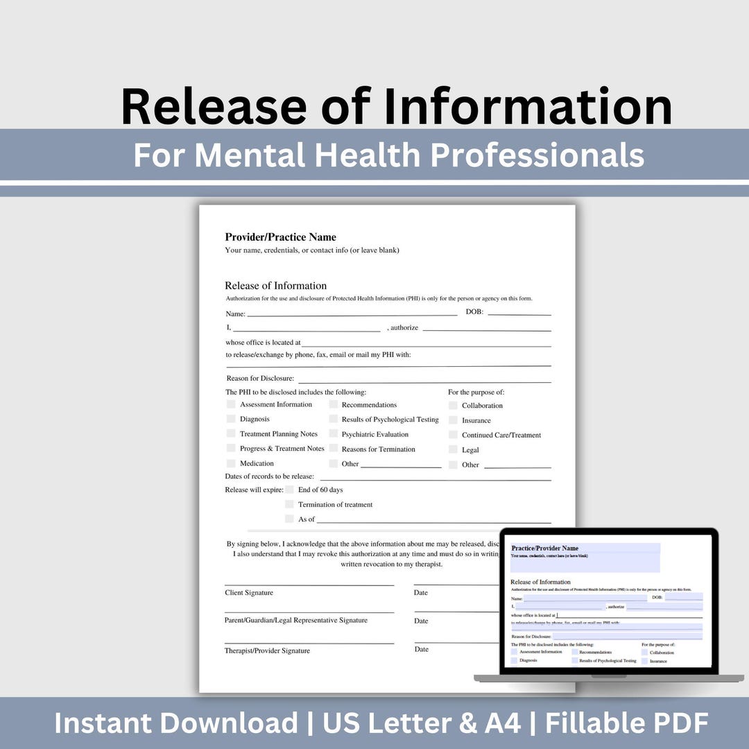 Mental Health Release of Information Form: Therapy Paperwork (fillable ...