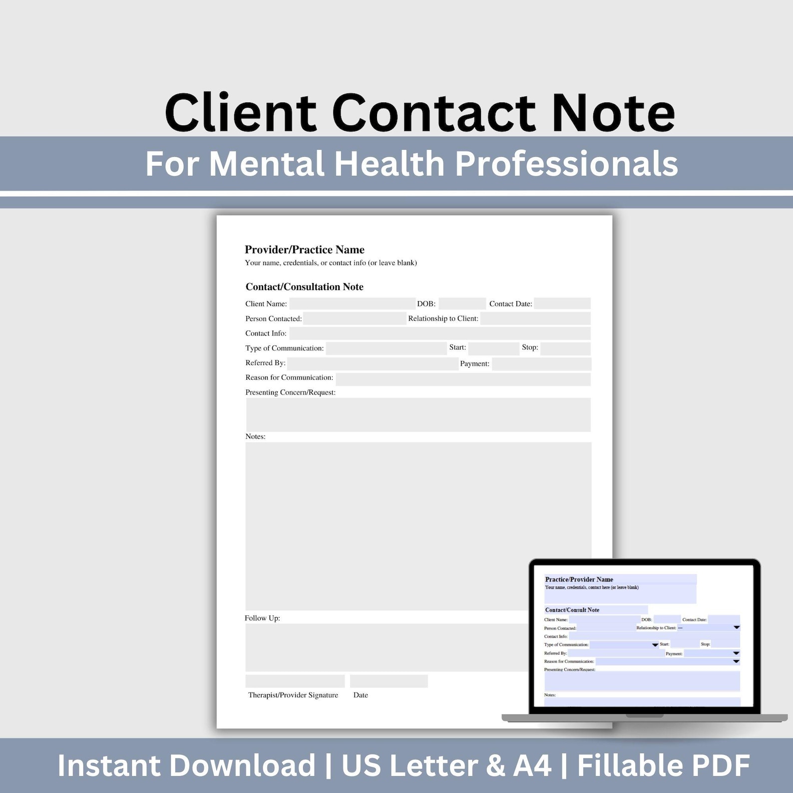 Therapy Contact Note, Fillable PDF Consultation Form, Therapy Note ...