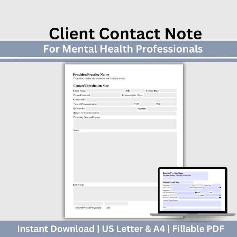 Therapy Contact Note, Fillable PDF Consultation Form, Therapy Note ...