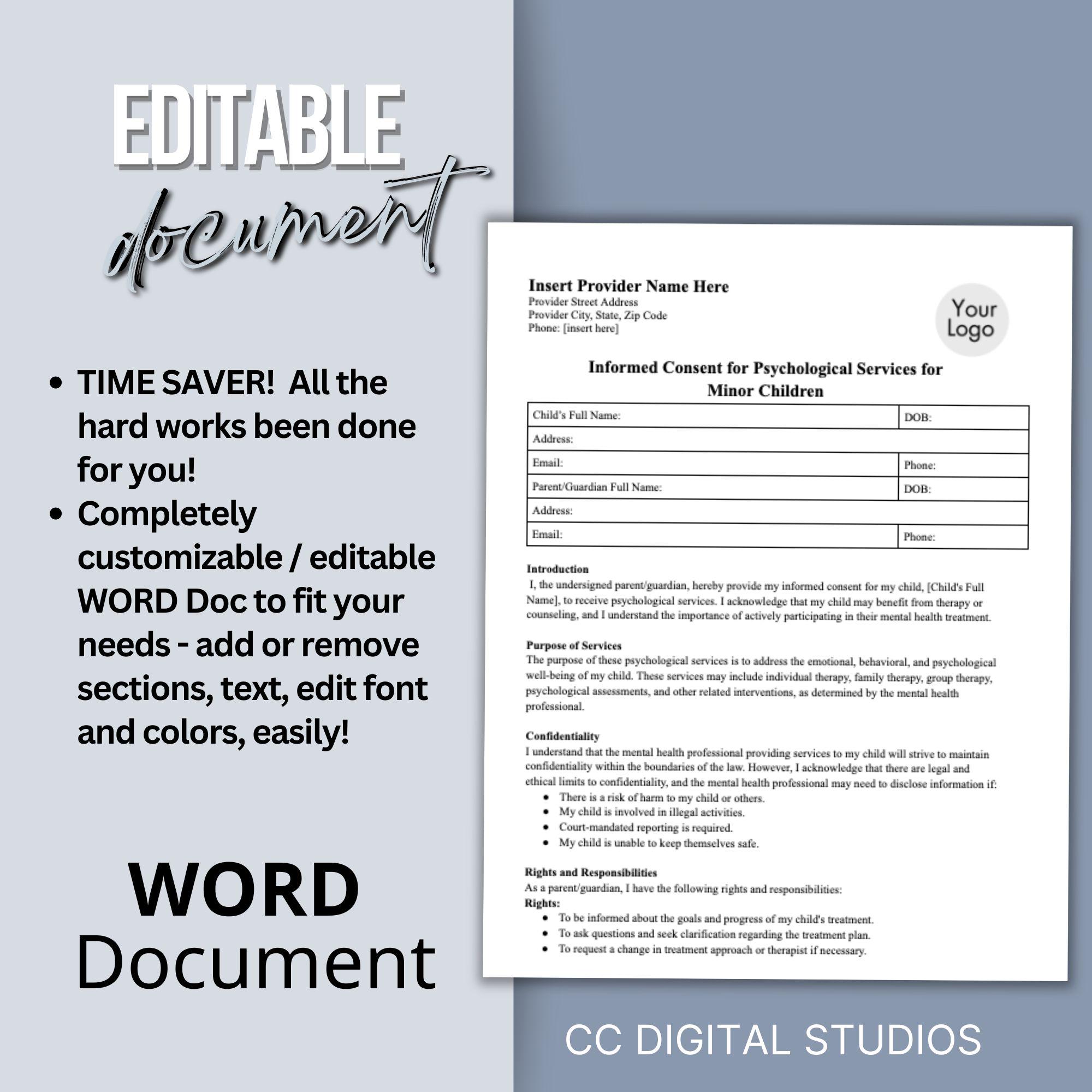 Mental Health Informed Consent Form for Minors (WORD Doc) - Etsy