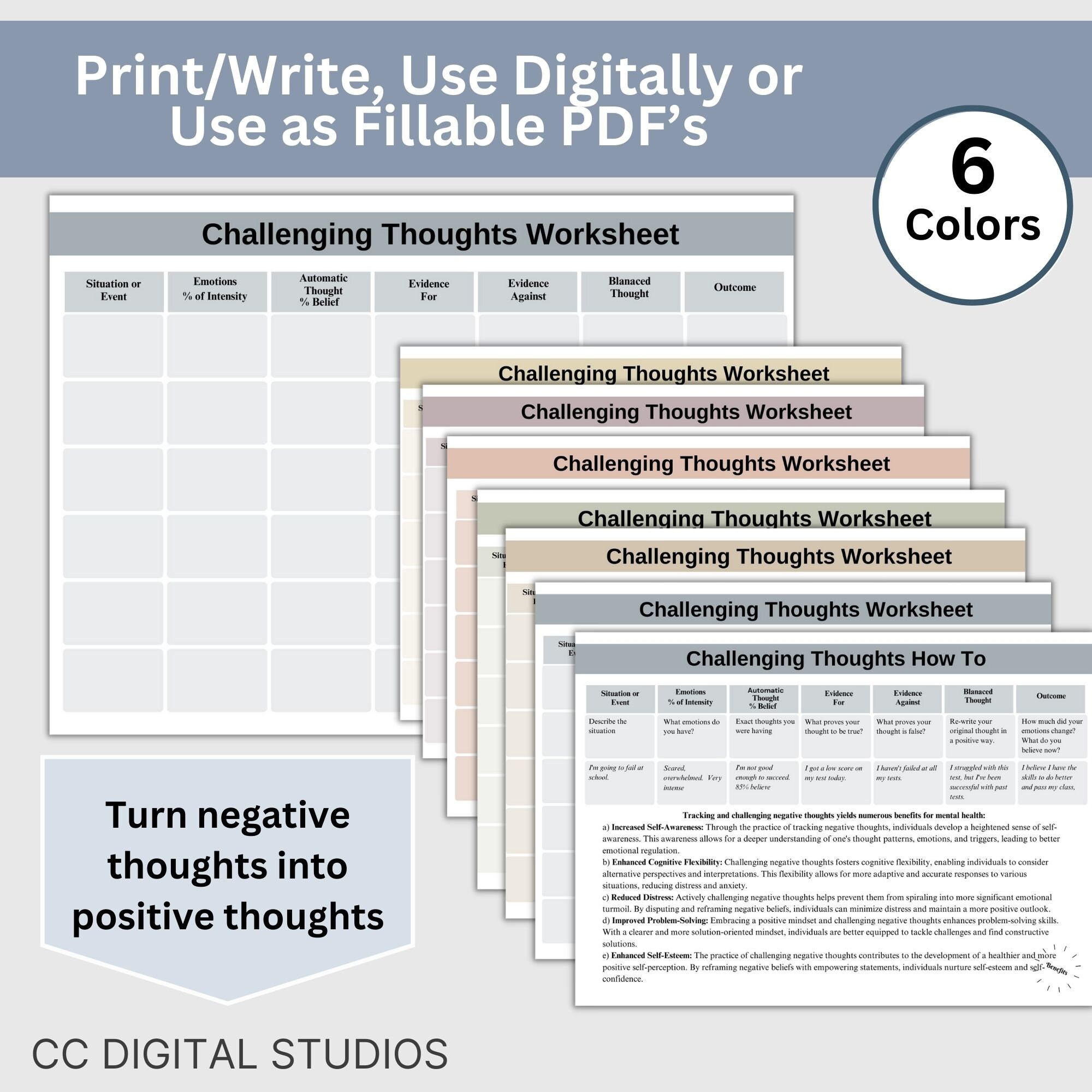 CBT Therapy Worksheets Challenge Negative Thoughts, Cognitive ...
