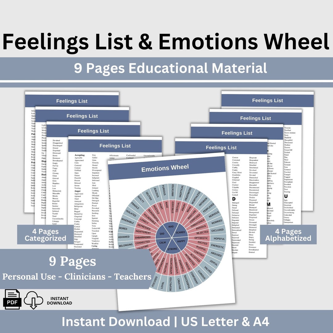 Emotion Wheel and Feelings List, Therapy Tool, Feelings Wheel ...