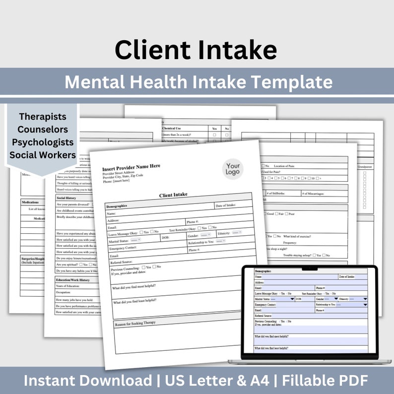 Mental Health Client Intake Form: Fillable PDF Template - Etsy