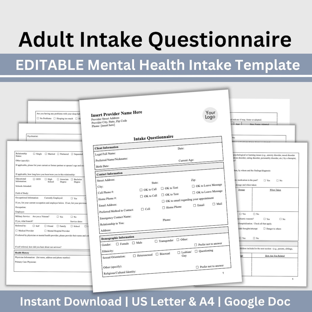 Adult Intake Questionnaire Mental Health Forms Digital Download Google ...