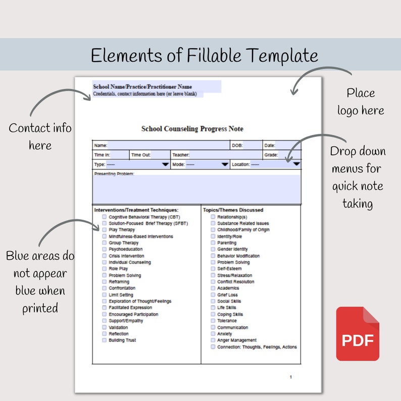 School Counselor Progress Note, Fillable PDF, School Psychologist ...