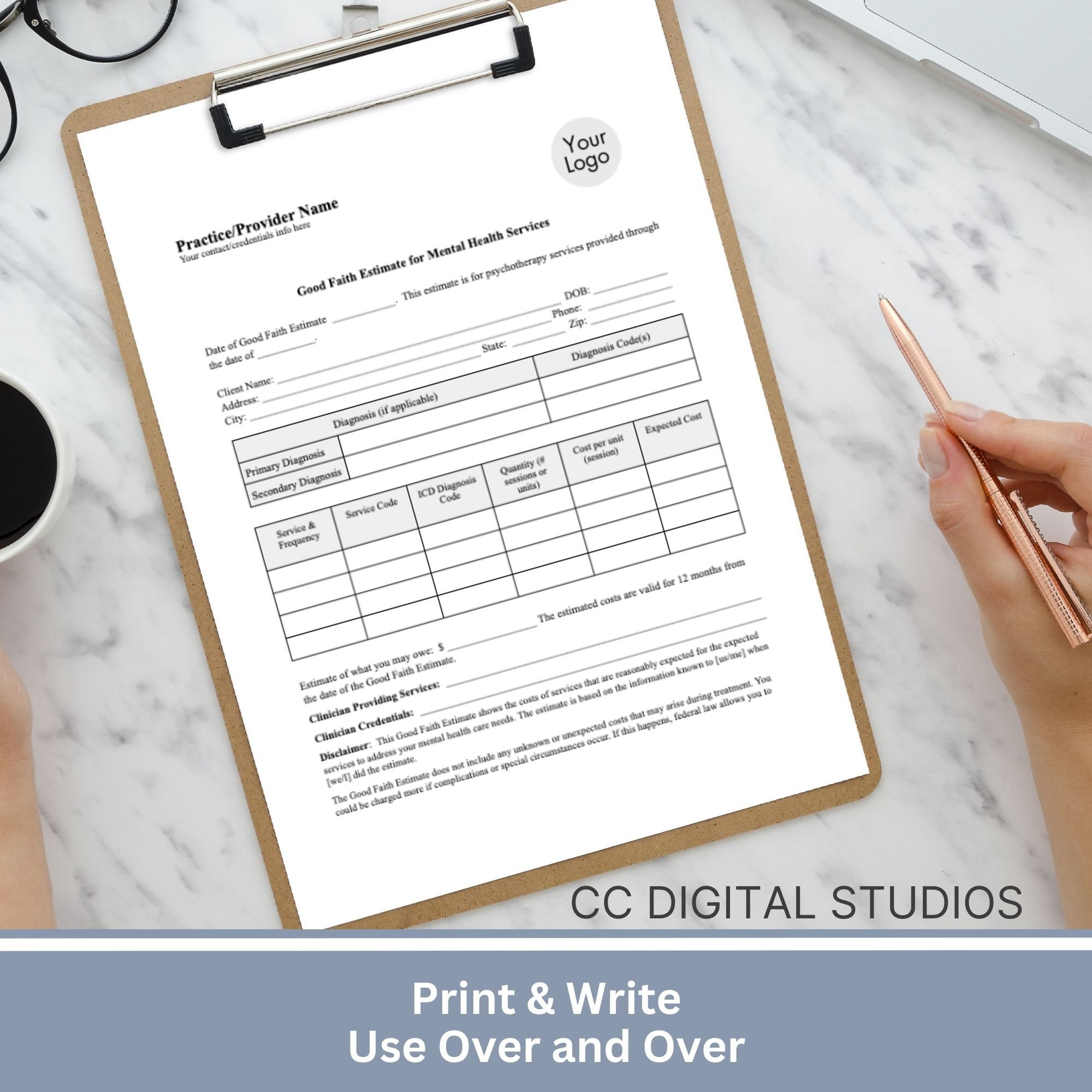 Good Faith Estimate Template: Fillable PDF for Therapists (US Letter ...