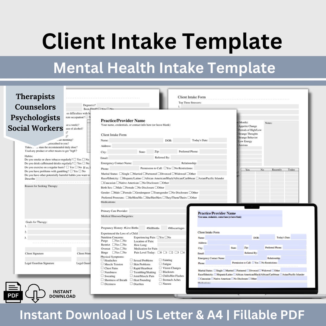 Client Intake Form Fillable PDF for Therapist Office, Private Practice ...
