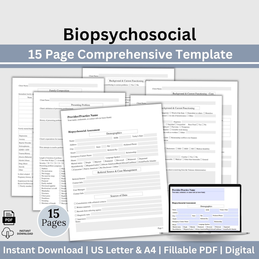 Biopsychosocial Intake Assessment Form, Comprehensive Fillable Template ...