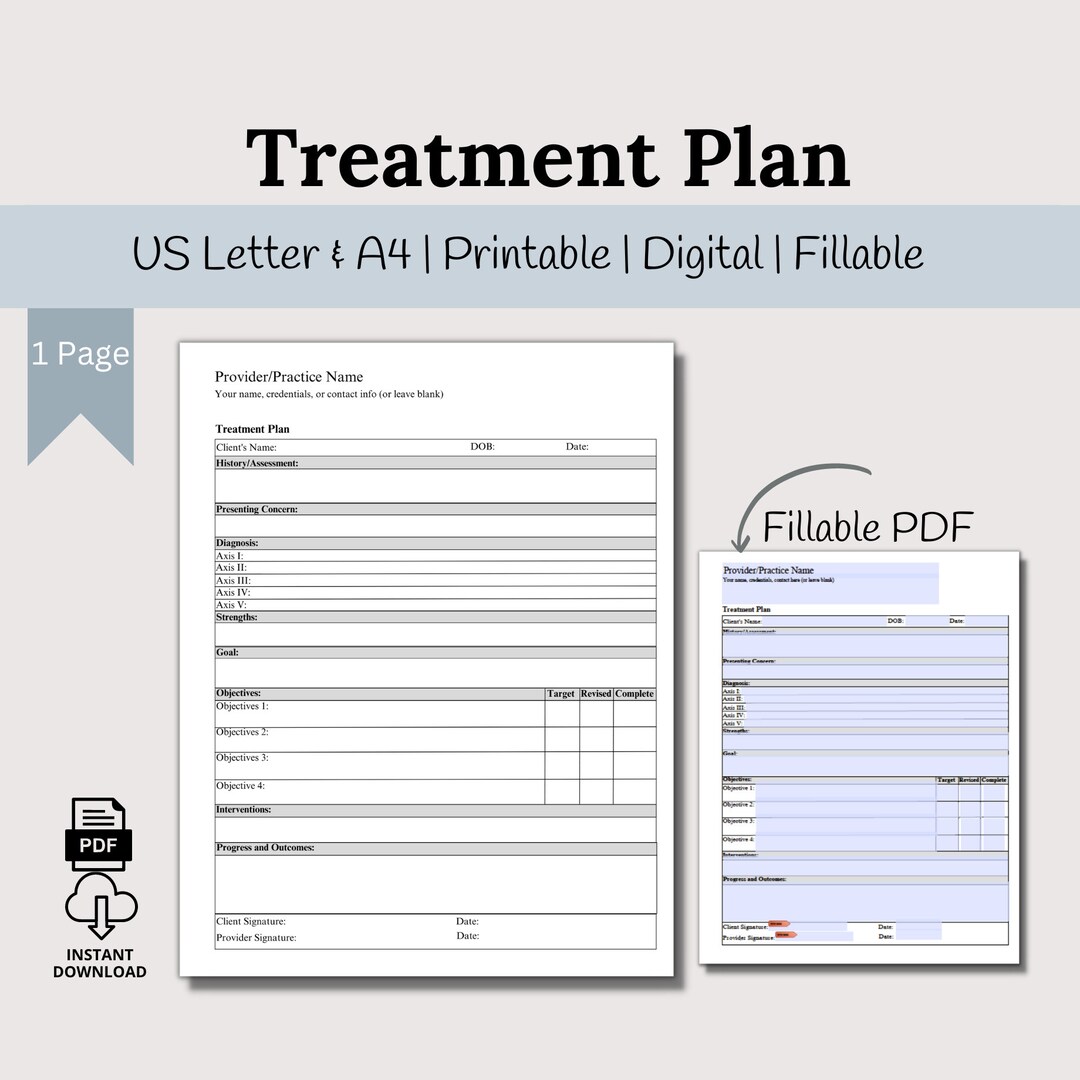 Treatment Plan Template for Therapists Printable & Fillable - Etsy