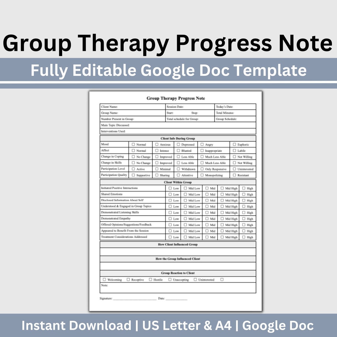 Group Therapy Progress Note Editable Google Doc, Therapist Office ...
