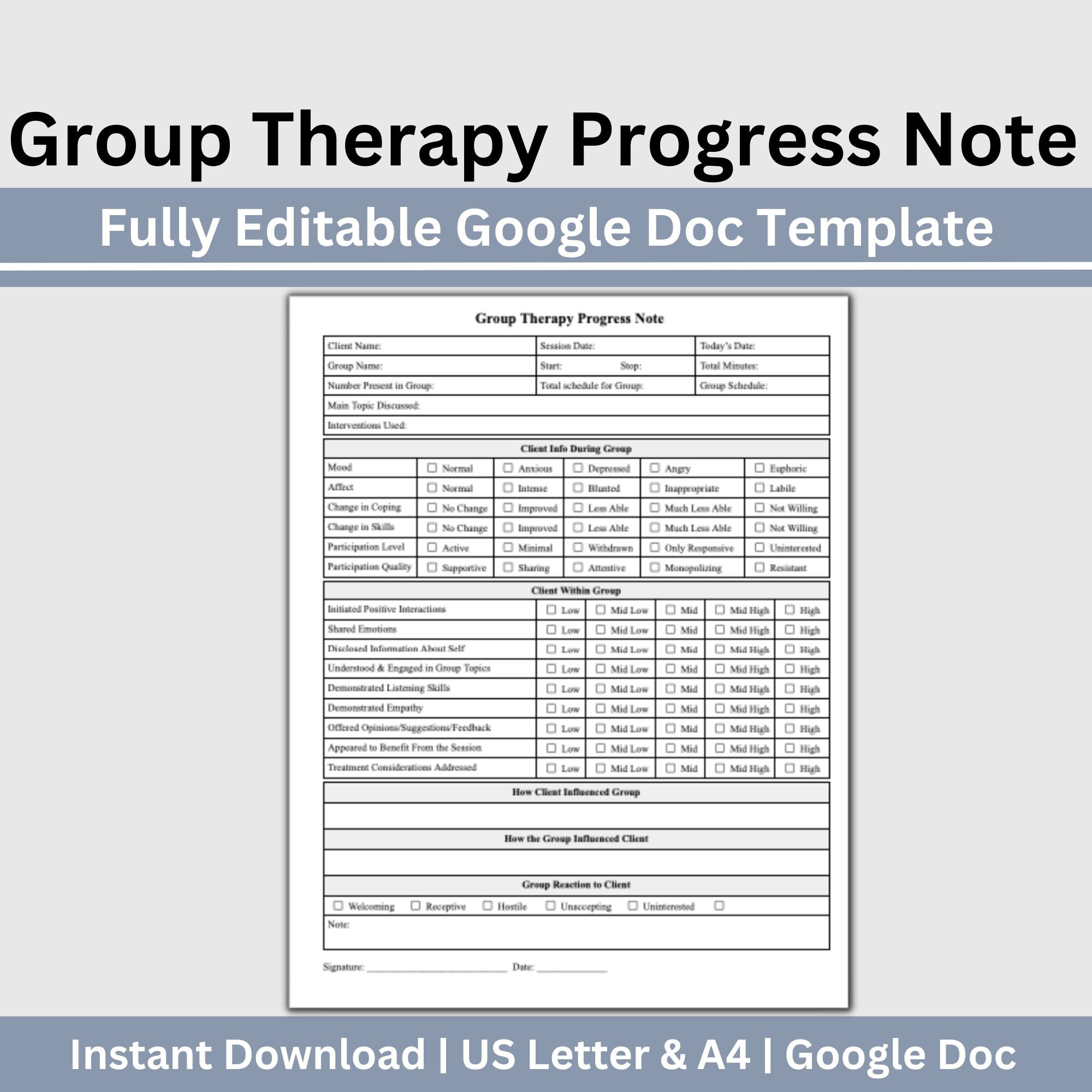 Group Therapy Progress Note Editable Google Doc, Therapist Office ...
