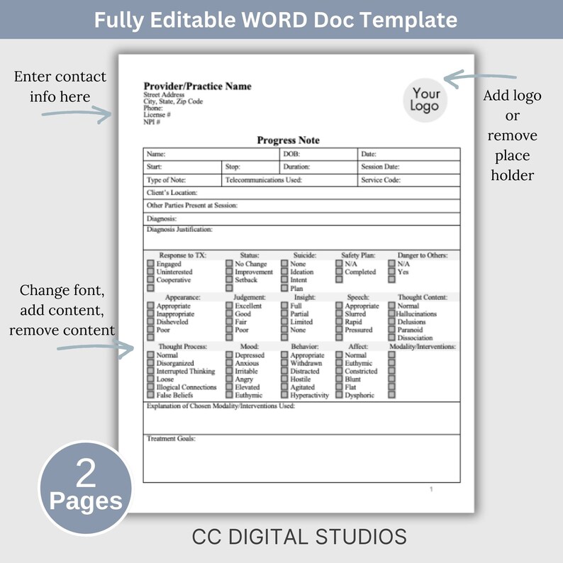 Therapist Progress Note Template: Telemental Health Counseling (WORD ...