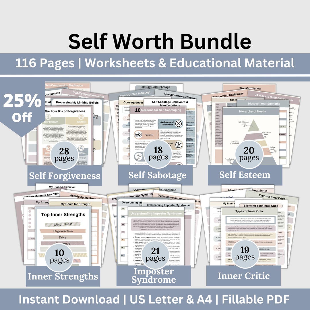 Self Worth Therapy Worksheets Bundle, Confidence, Self Esteem, Inner ...