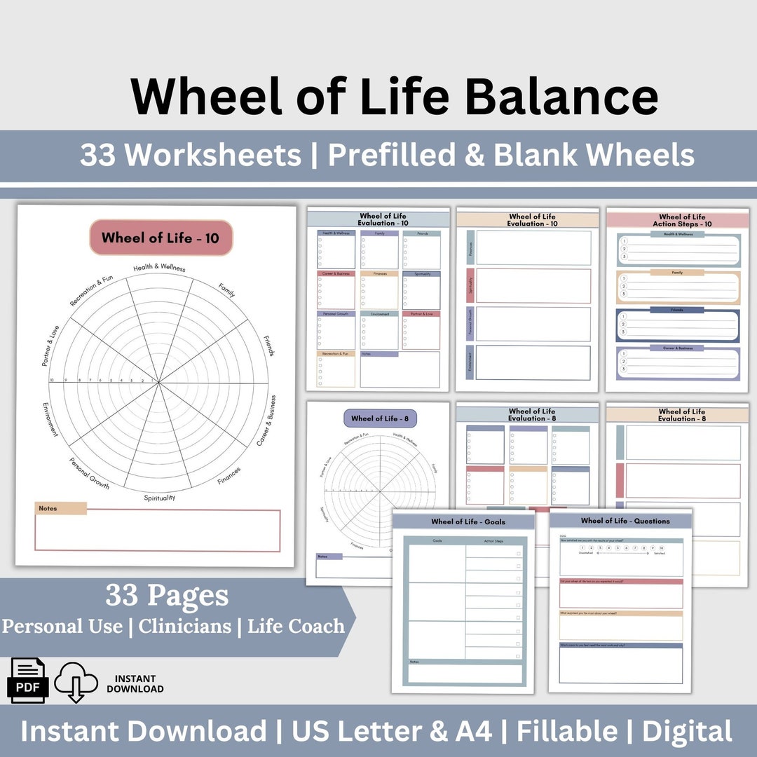 Life Coach Wheel of Life Balance Therapy Worksheets, Self Help, Self ...