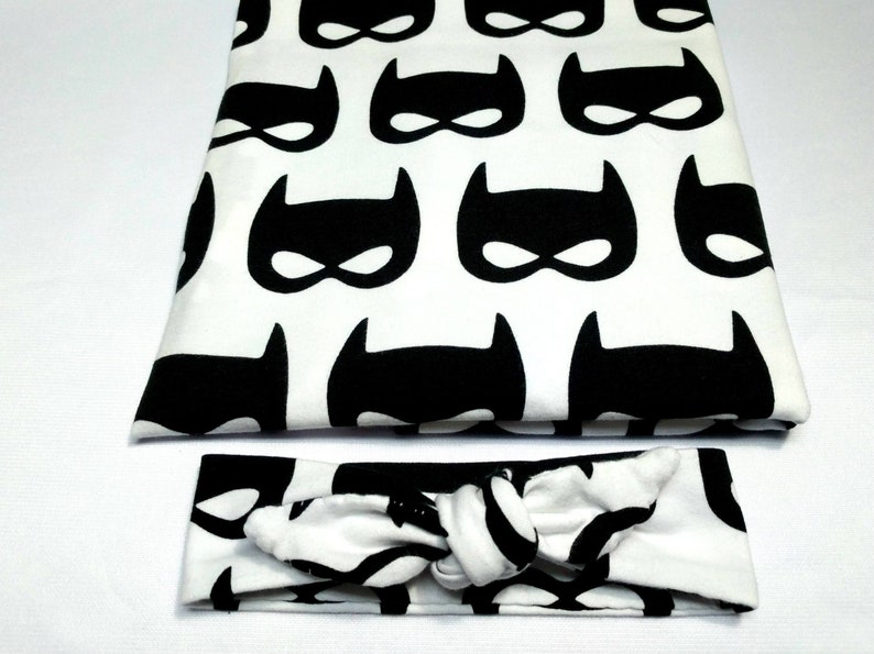 Bat Mask Baby Blanket Set, Black Bat on White Blanket + Cuffed Beanie ...