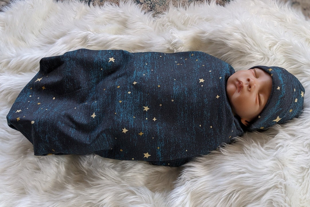Star Baby Blanket + Beanie or Headband, Outer Space Baby Stuff, Teal ...