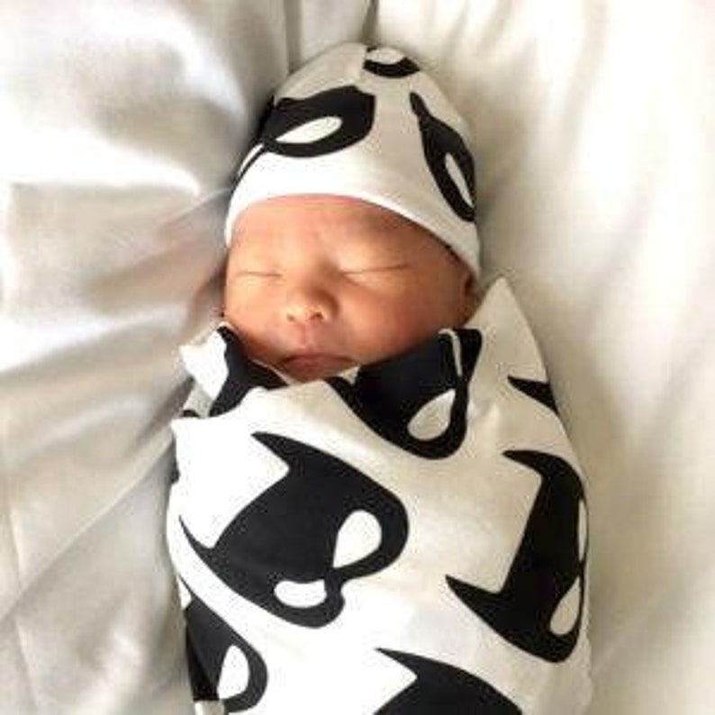 Bat Mask Baby Blanket Set, Black Bat on White Blanket + Cuffed Beanie ...
