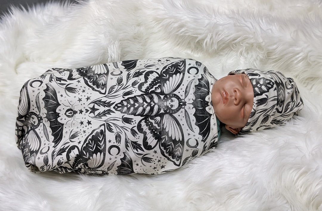 Goth Baby Blanket Swaddle Set With Black Moth Bat & Spiders on Snuggly ...