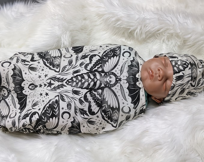 Pastel Goth Baby Swaddle + Hat or Band, Goth Baby Clothes, Bat in ...