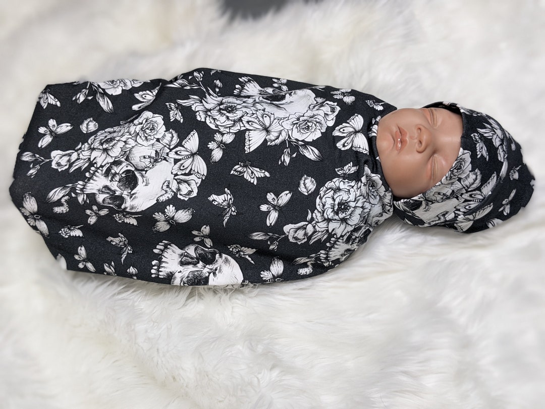 Goth Baby Clothing, Skull & Flowers Swaddle + Headband or Hat, Emo Baby ...