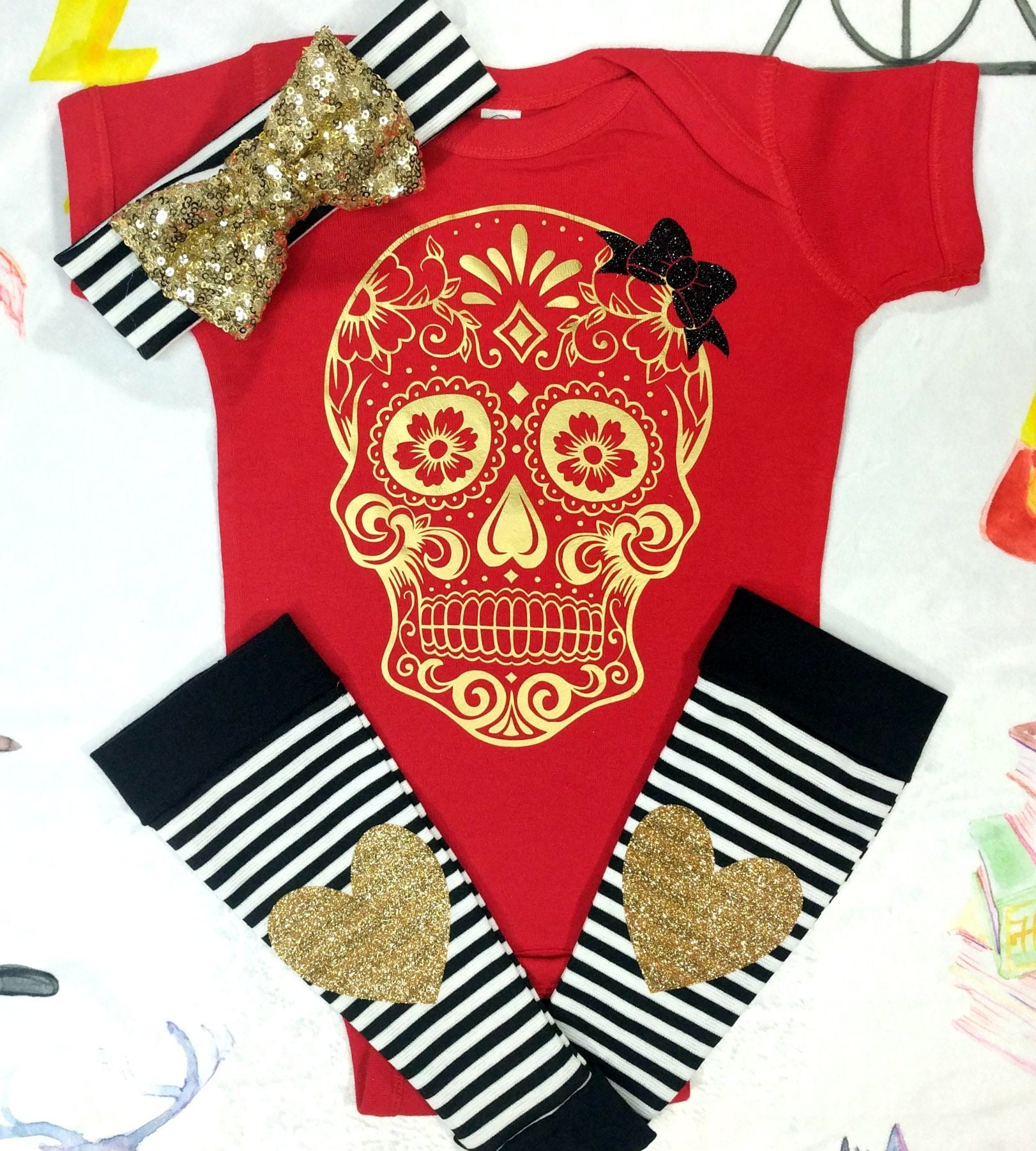 Girls Sugar Skull Outfit Skull Bodysuit Or Tee Black White Etsy