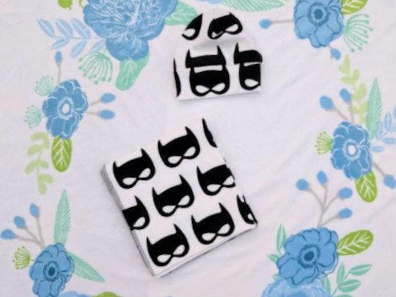 Bat Mask Baby Blanket Set, Black Bat on White Blanket + Cuffed Beanie ...