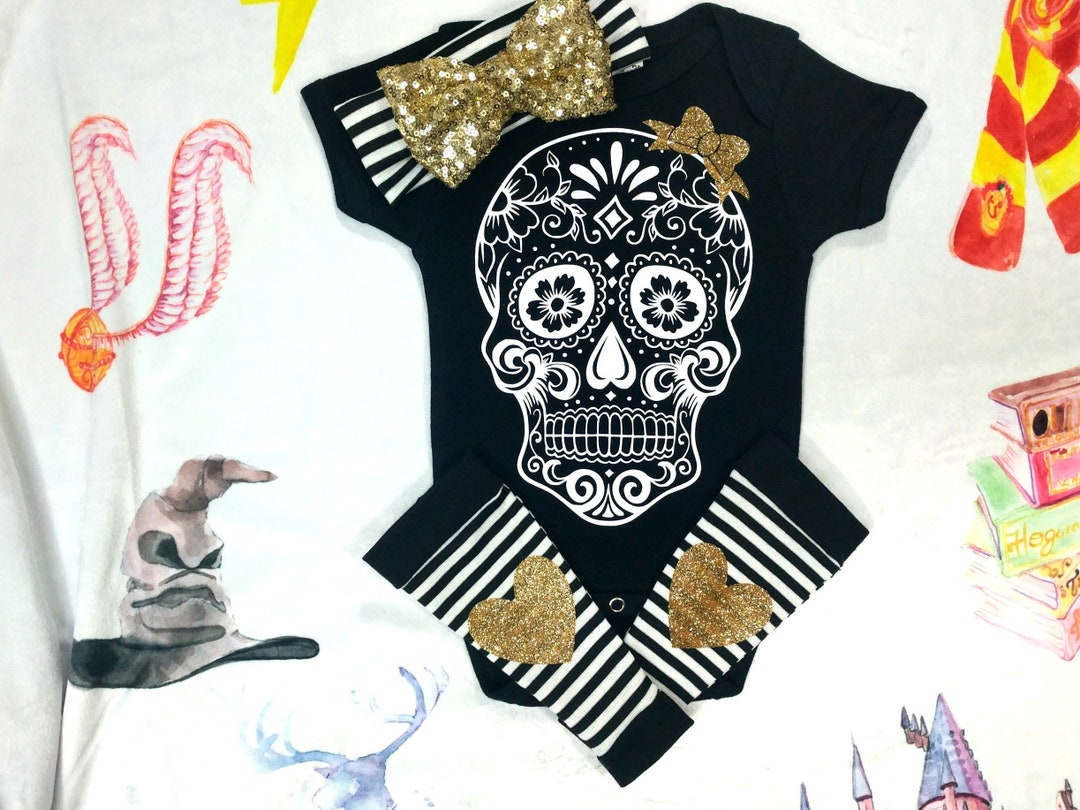 Cute Sugar Skull Baby Outfit With Heart Knee Patches Gold Bow Goth ...