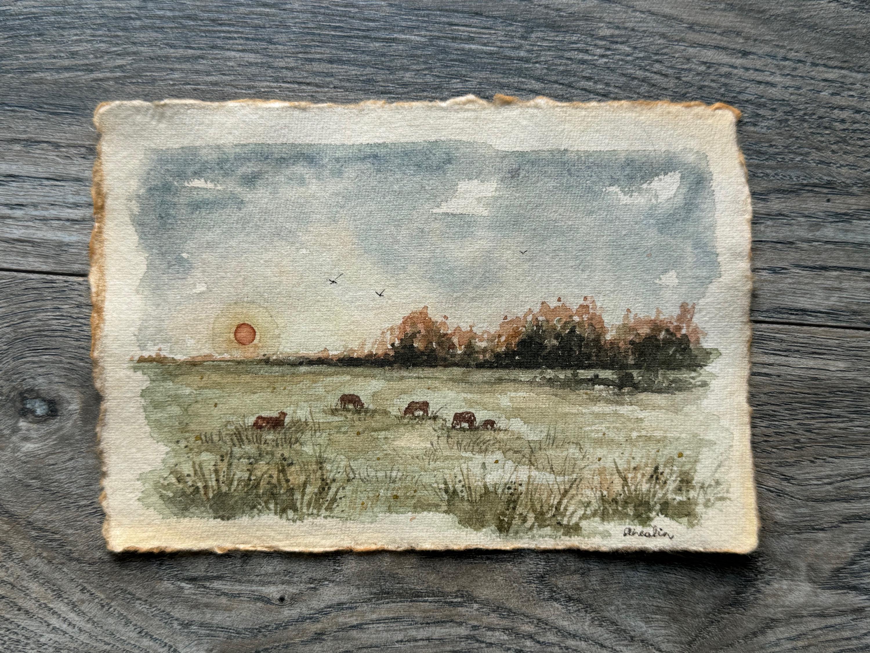 Watercolor Landscape, Cottage Core Art, Cows in Field, Watercolor ...