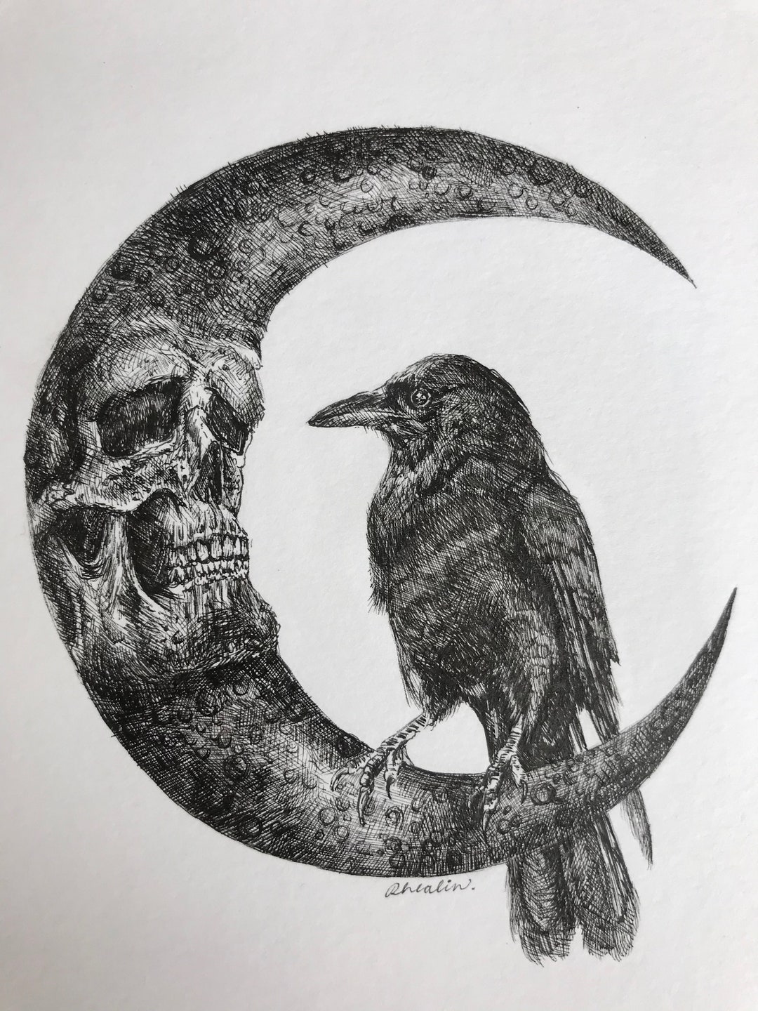Skull Moon and Crow Ink Drawing Print, Spooky Art, Home Decor, Moon Art ...