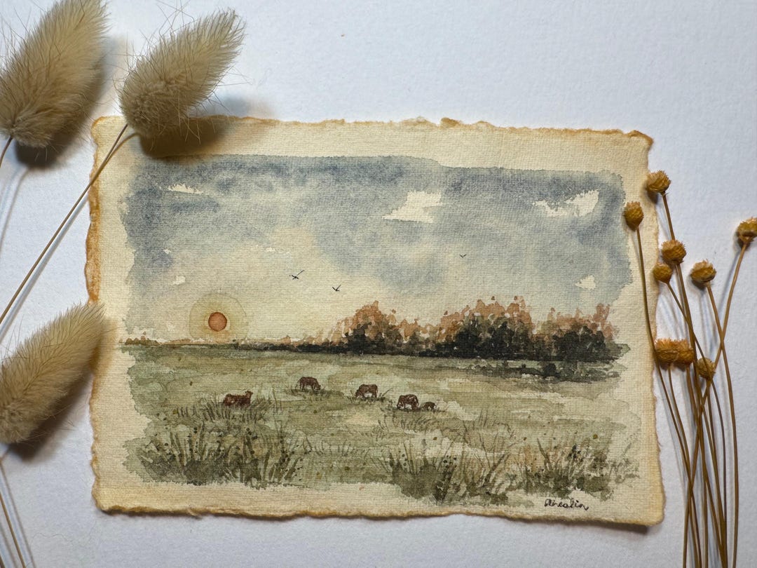 Watercolor Landscape, Cottage Core Art, Cows in Field, Watercolor ...