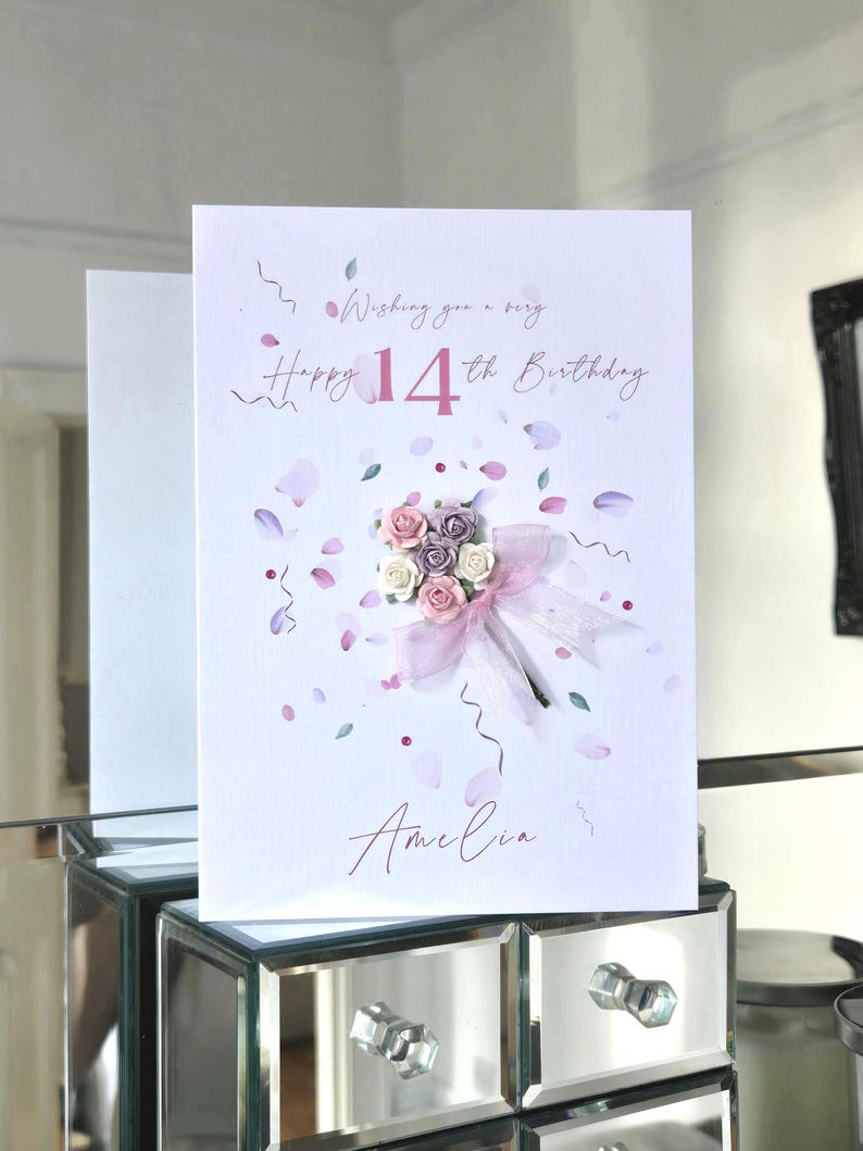 14th Birthday Card, Floral Bouquet & Pink Bow - Etsy