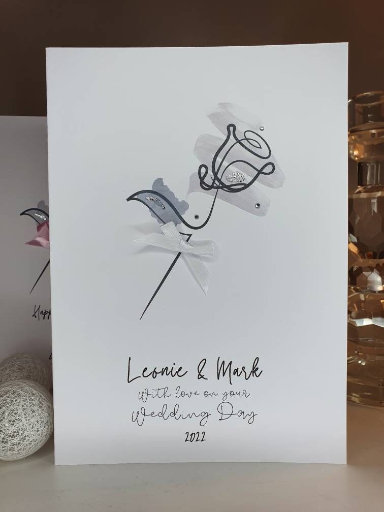Personalized Rose Wedding Card, Silver Leaf & Gems - Etsy