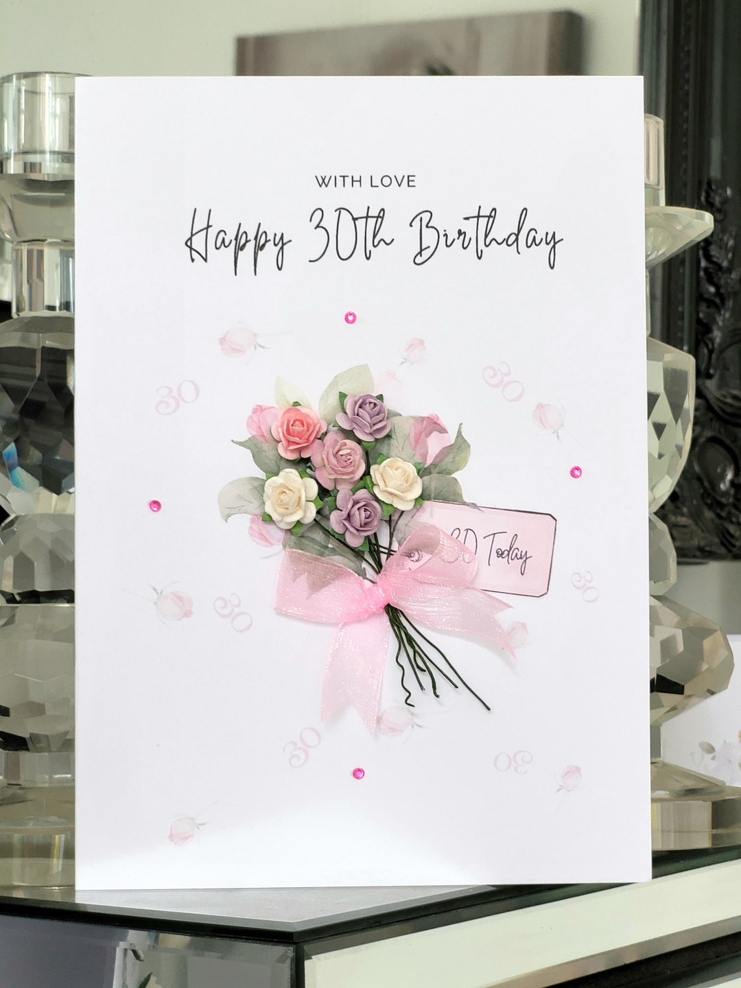 30th Birthday Card, Paper Flower Bouquet, Pink Ribbon - Etsy