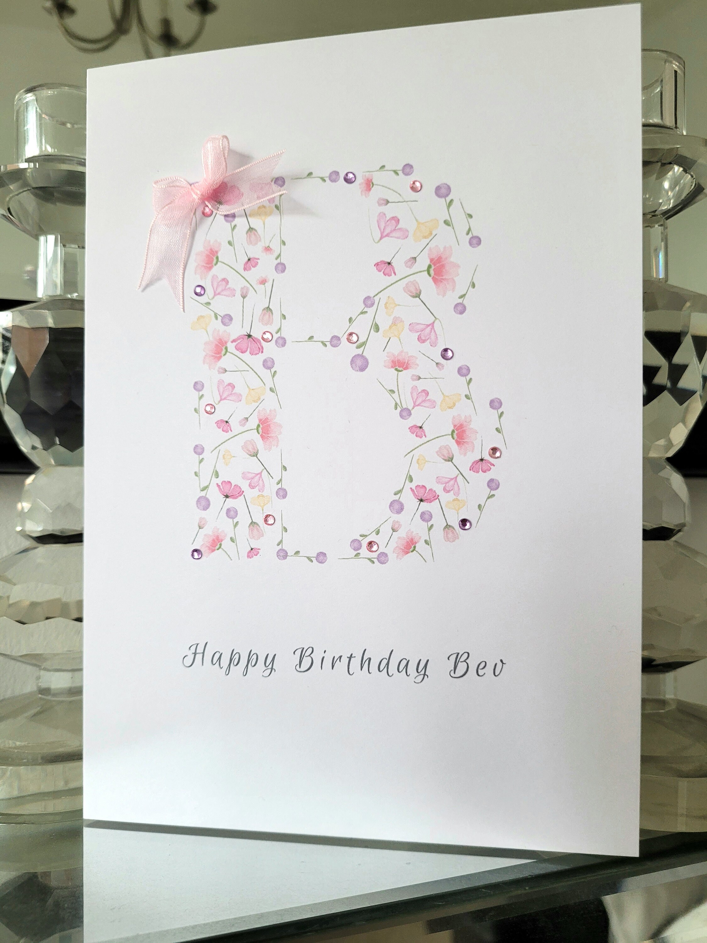 Personalized Floral Initial Birthday Card, Pink Gem Accents - Etsy