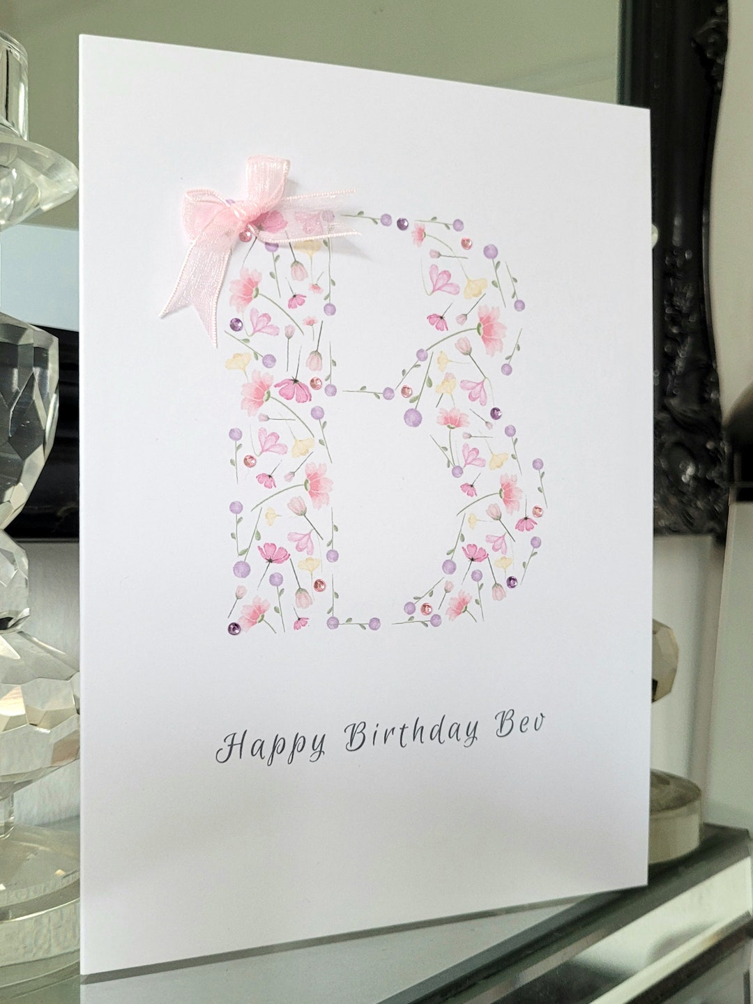 Personalized Floral Initial Birthday Card, Pink Gem Accents - Etsy