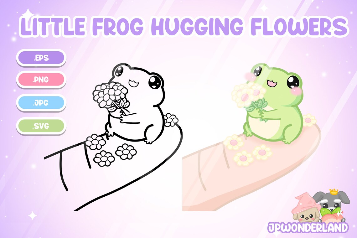 Little Frog Hugging Flowers Clipart / Cute Vector / Froggy Illustration ...