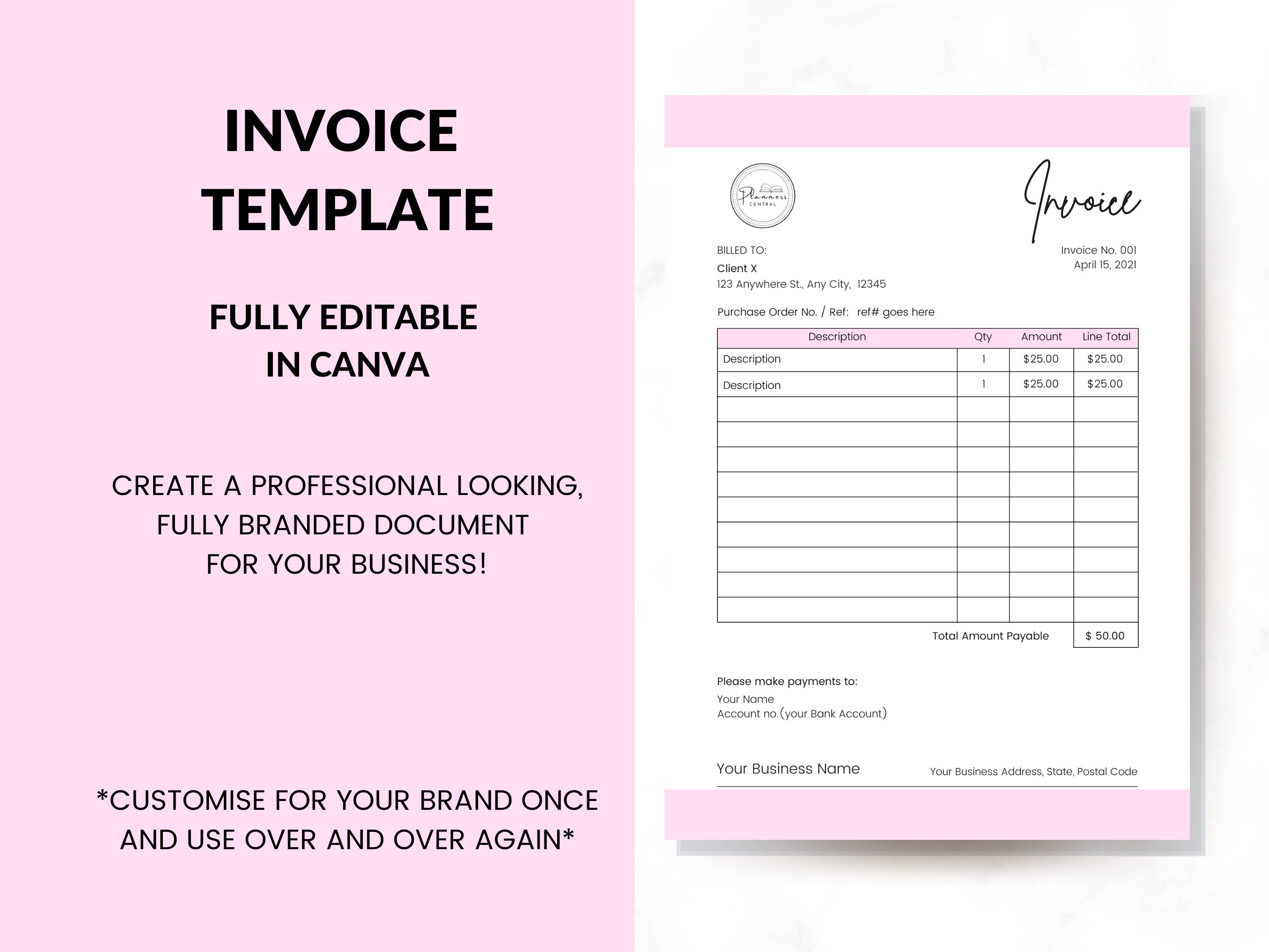 Editable Pink Invoice Purchase Order And Packing List Etsy