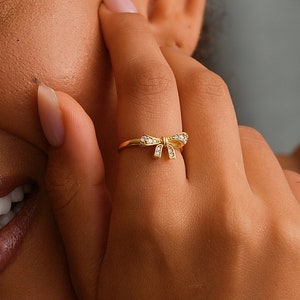 14K Gold Dainty Bow Tie Ring, Statement Ring, CZ Diamond Ribbon Ring, Coquette Jewelry, Birthday ...