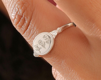 Personalized Birth Flower Ring, 12 Birth Month Flower Jewelry, Custom ...