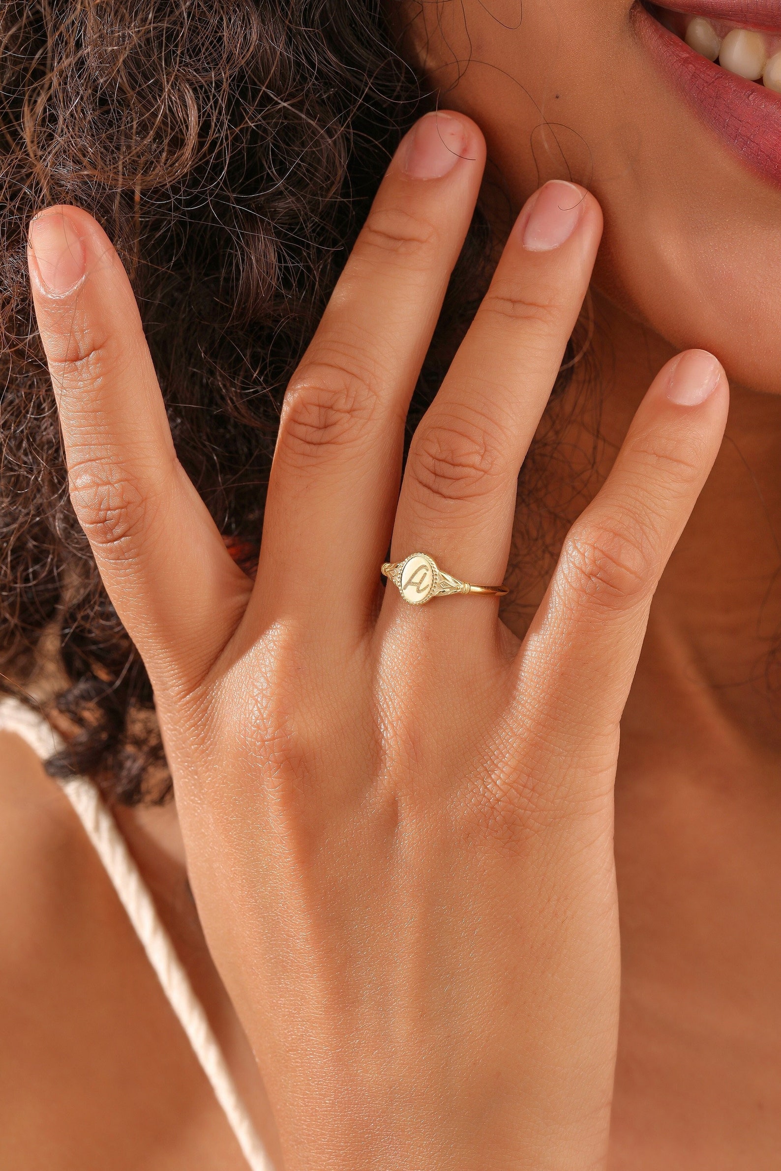 18K Gold Personalized Signet Ring, Birth Flower Ring, Initial Ring ...