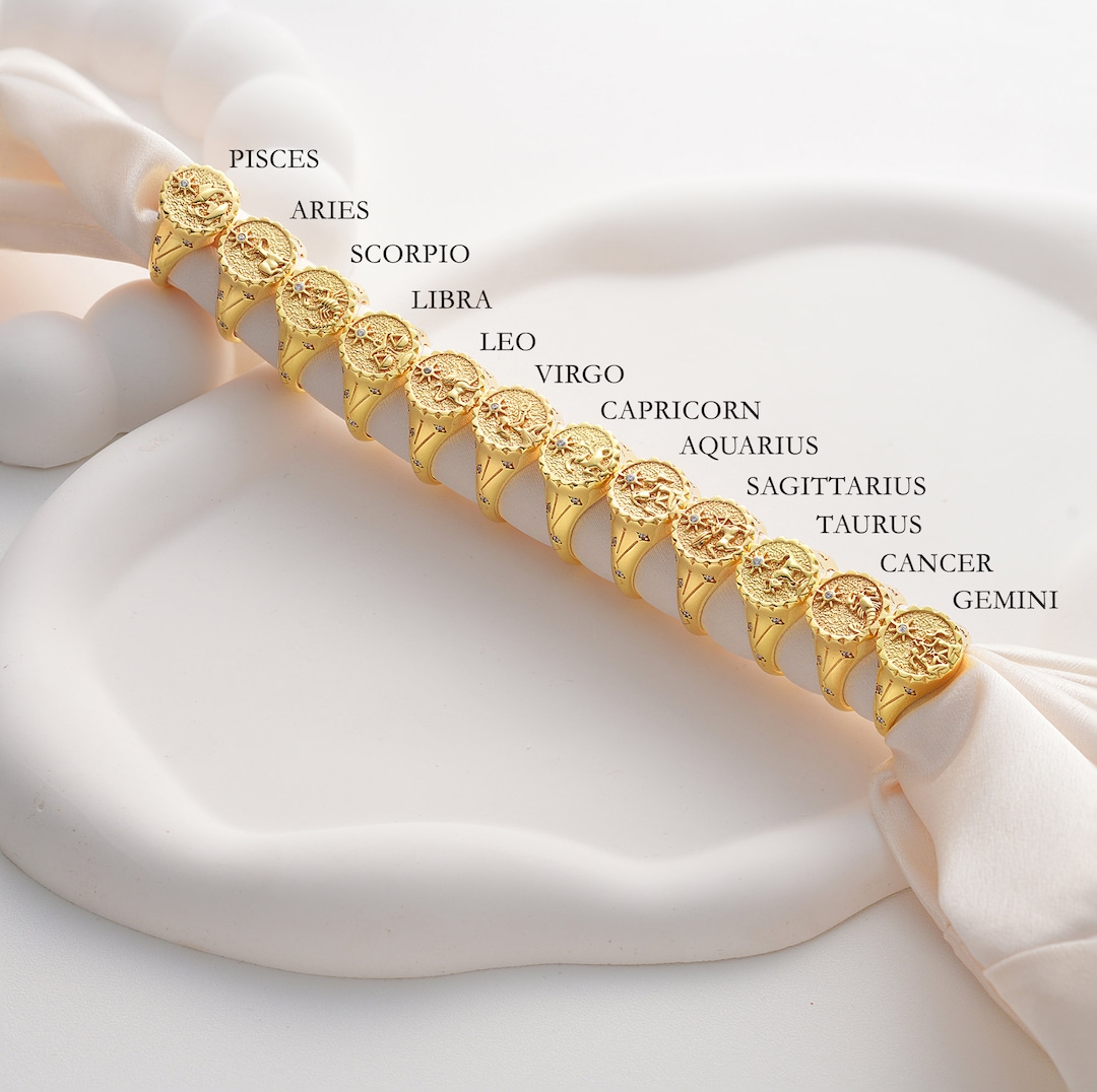 Zodiac Sign Signet Ring, 14K Gold Vermeil Astrology Ring, CZ Diamond ...