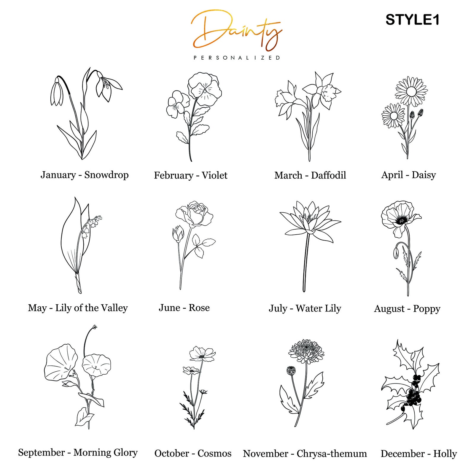 18K Gold Personalized Signet Ring, Birth Flower Ring, Initial Ring ...