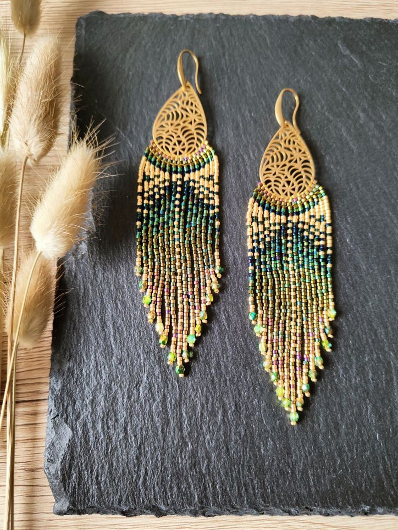 Handmade Ombre Fringe Earrings beeja in Green and - Etsy